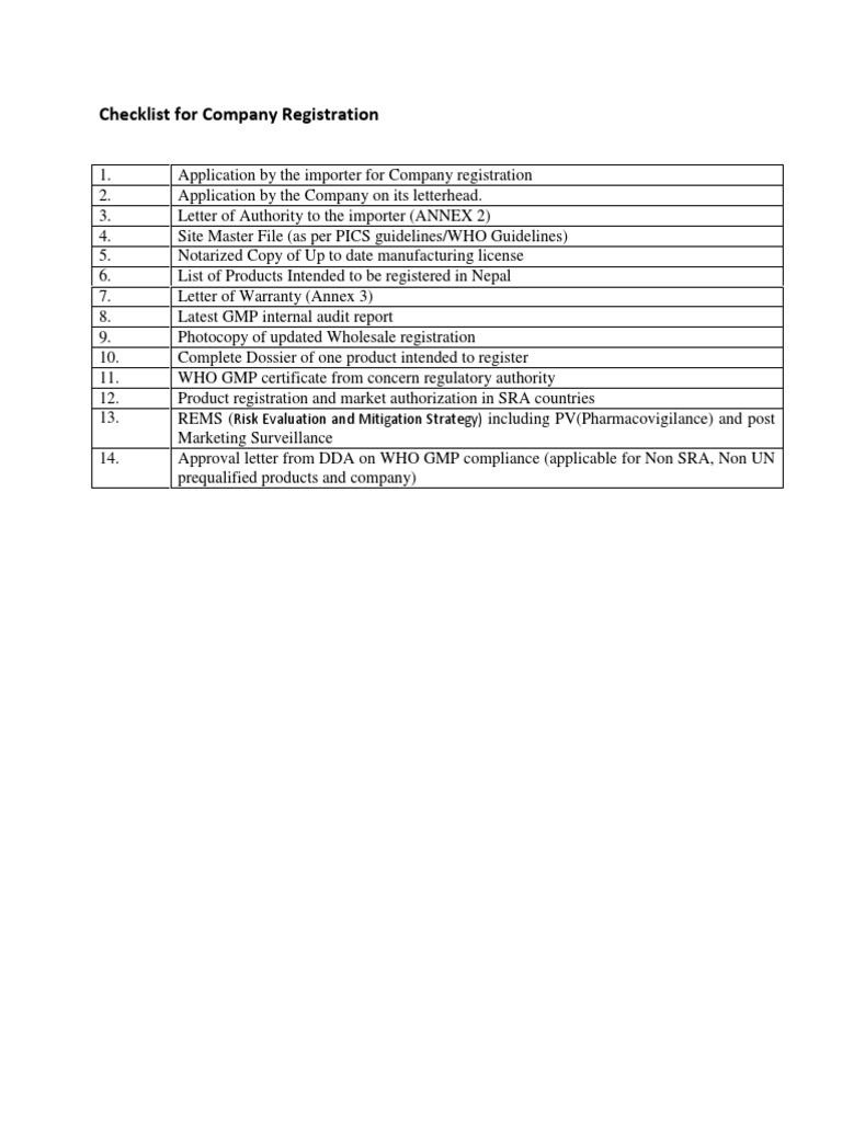 Checklist For Company Registration | PDF | Pharmacovigilance | Business