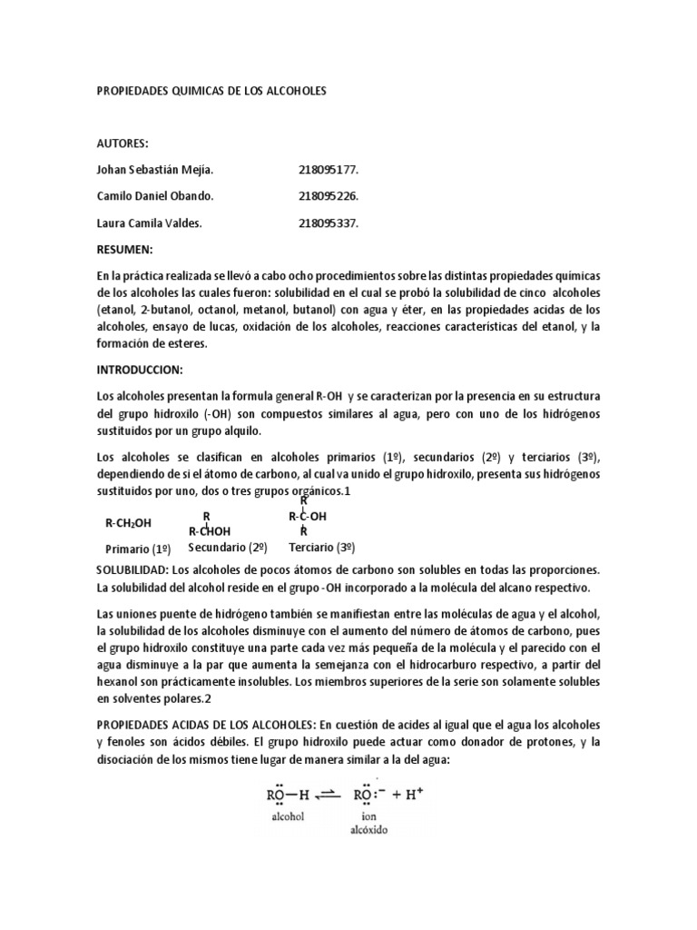 Propiedades Quimicas de Los Alcoholes | PDF | Alcohol | Solubilidad