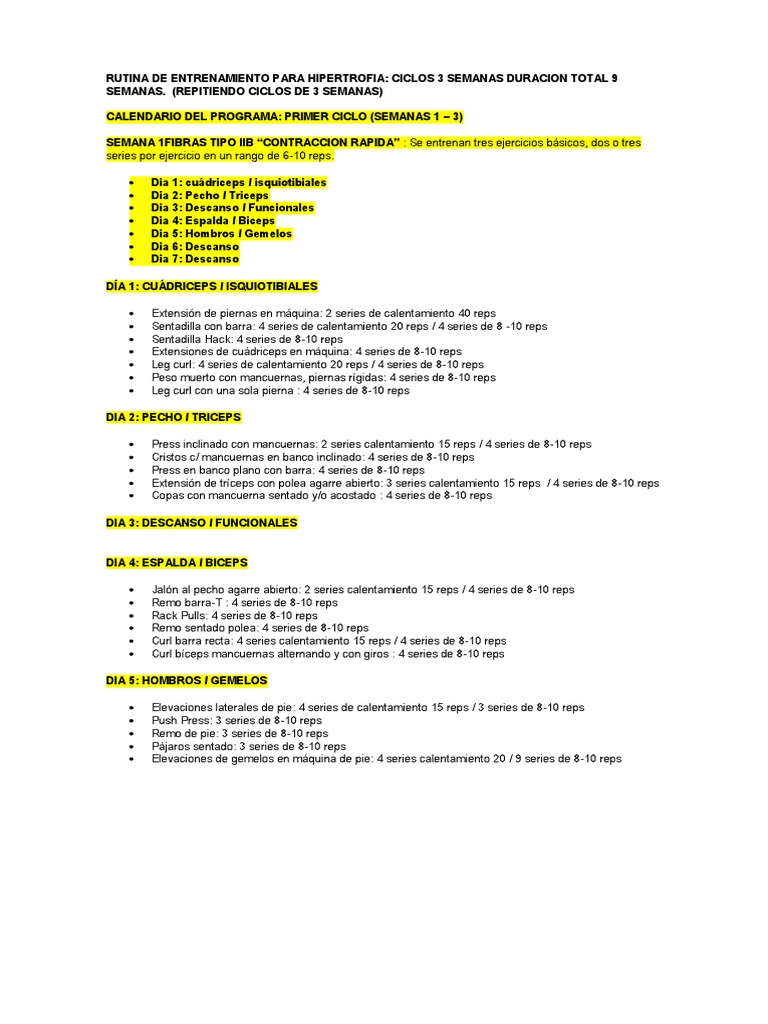 Rutina Elite Y3t Entrenamiento para Hipertrofia 9 Semanas | PDF ...