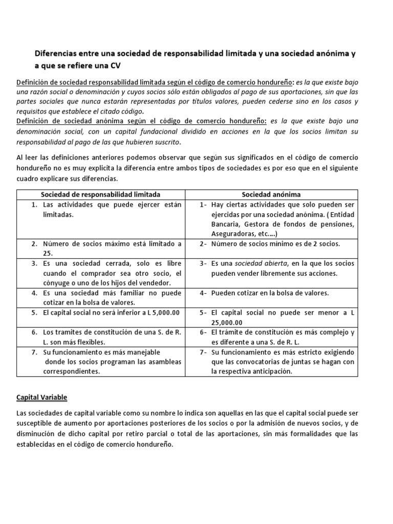 Diferencias entre una sociedad de responsalibildad limitada y una sociedad anónima y a qe se ...