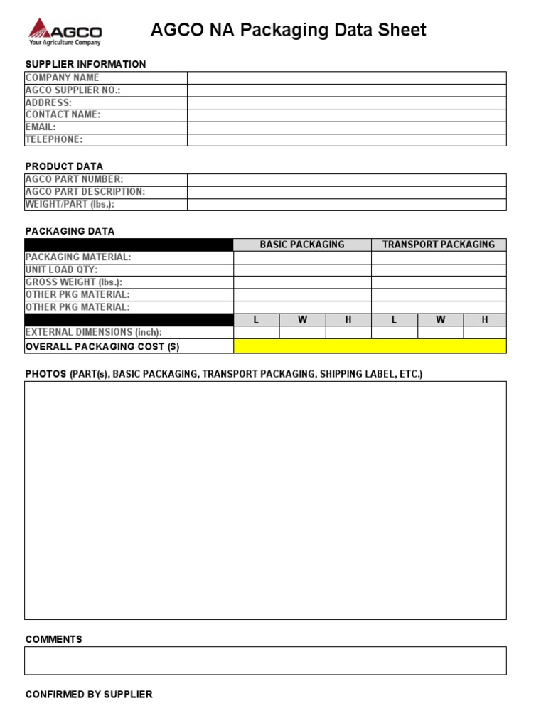 AGCO NA Packaging Data Sheet | PDF