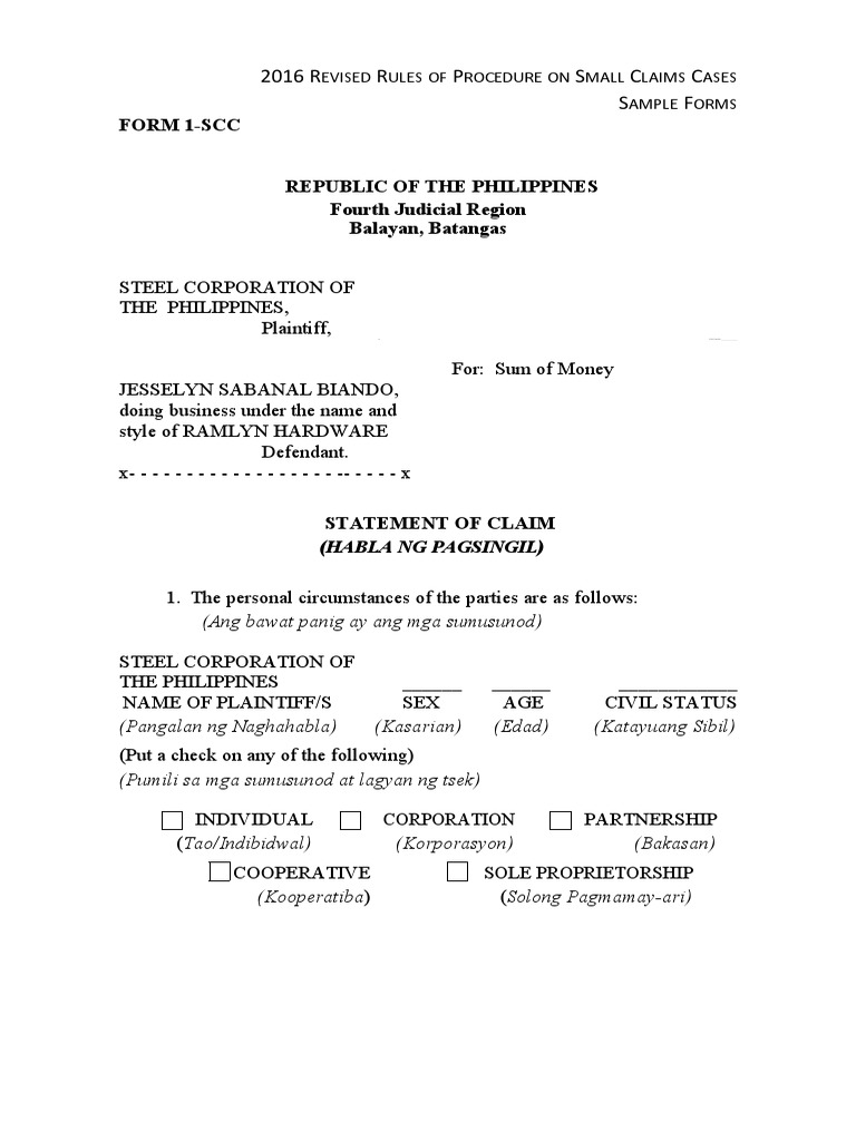 2016 Small Claims - Sample Forms | PDF | Lawsuit | Settlement (Litigation)