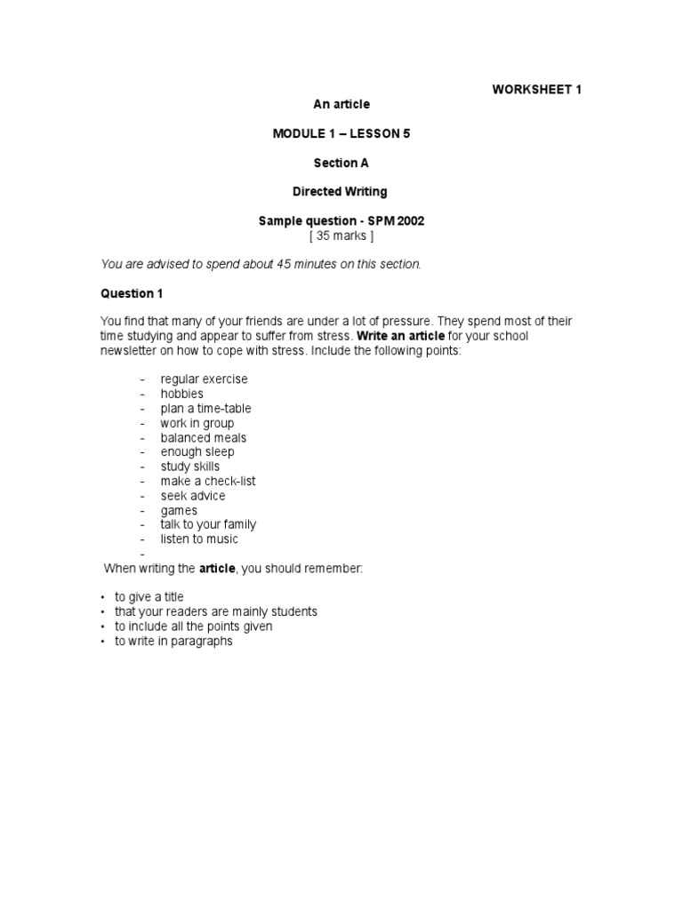 Worksheet 1 An Article Module 1 - Lesson 5 Section A Directed Writing ...