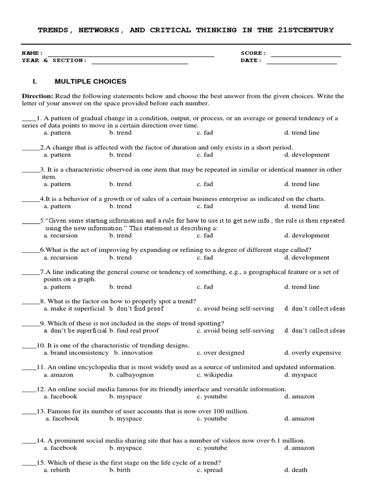 Trends and Networks Exam First Quarter | PDF | Placebo | Scenario Planning