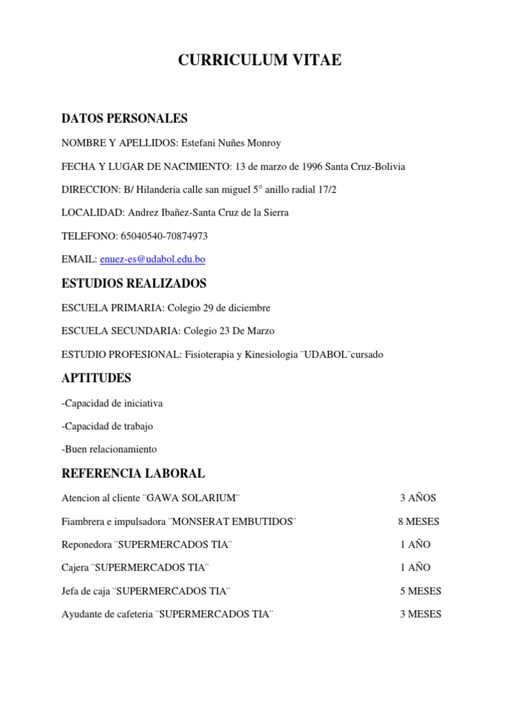 Currículum Vitae de Estefani Nuñes Monroy, fisioterapeuta con experiencia en atención al cliente ...