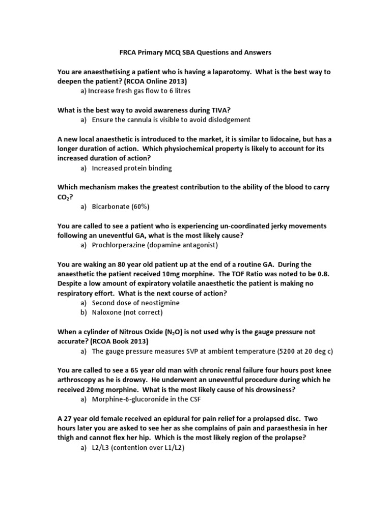 FRCA Primary MCQ SBA Questions and Answers RECALL FROM EXAM PDF | PDF ...