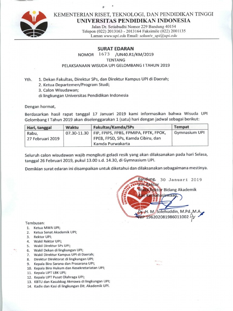 D57ba Surat Edaran Pelaksanaan Wisuda Upi Gelombang I Tahun 2019 | PDF
