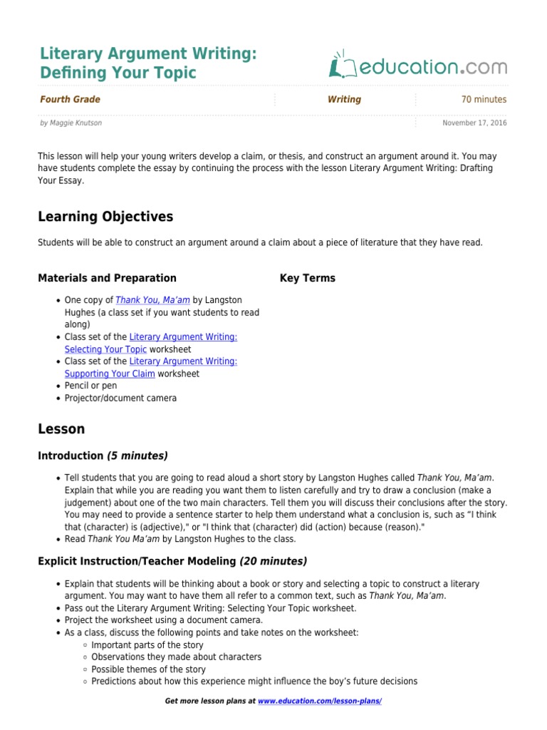 Constructing a Literary Argument: Guiding Students Through Selecting a ...