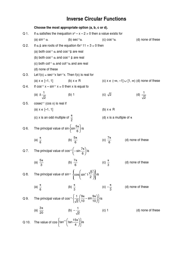 Inverse Trigonometric Functions Questions | PDF | Trigonometric ...