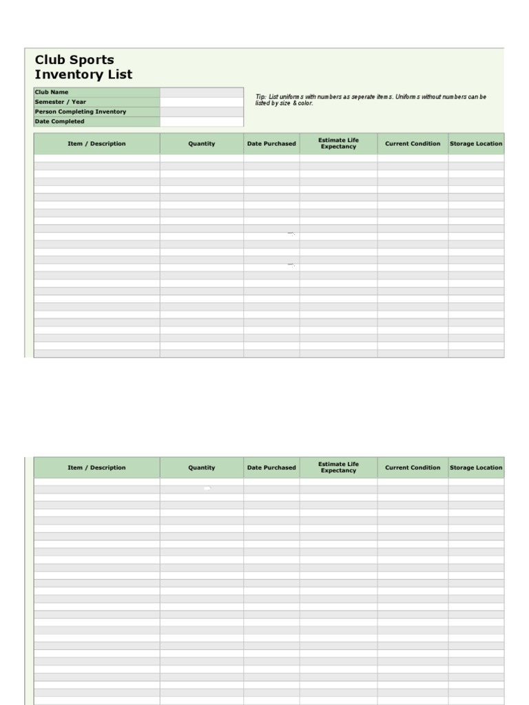 Club Sports Inventory List: Club Name Semester / Year Person Completing ...