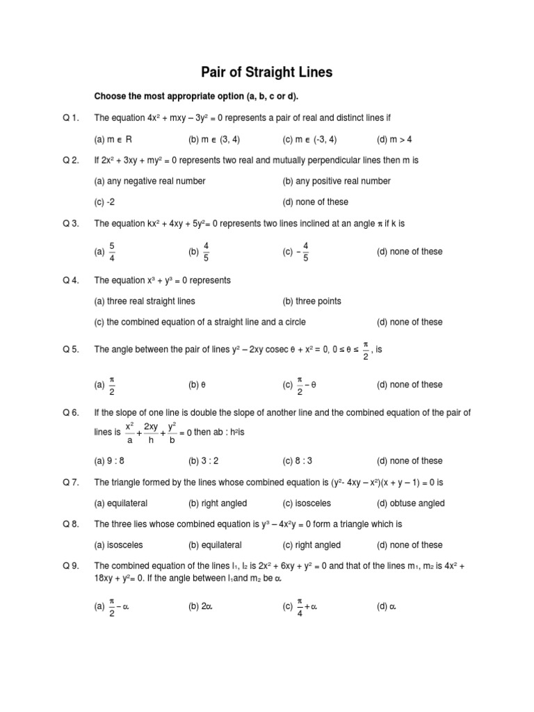 MCQs on Pair of Straight Lines | PDF | Line (Geometry) | Triangle