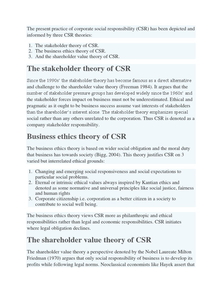 Theories of CSR | PDF | Corporate Social Responsibility | Stakeholder (Corporate)
