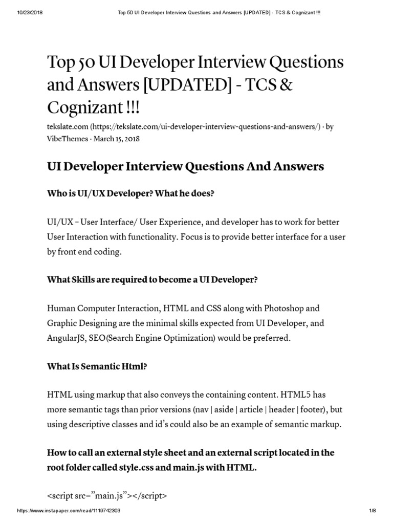 Top 50 UI Developer Interview Questions and Answers UPDATED TCS Cognizant PDF | PDF | J Query | Html