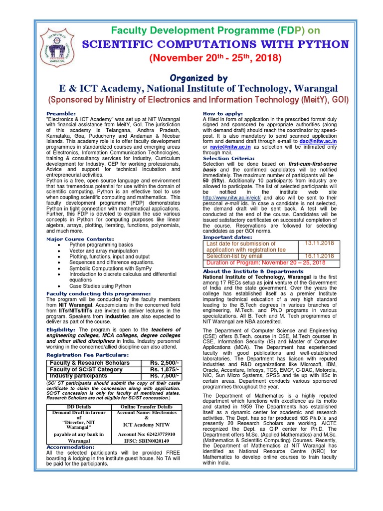 Scientific Computations With Python: E & ICT Academy, National Institute of Technology, Warangal ...