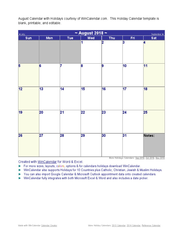 August 2018 Holiday Calendar | PDF