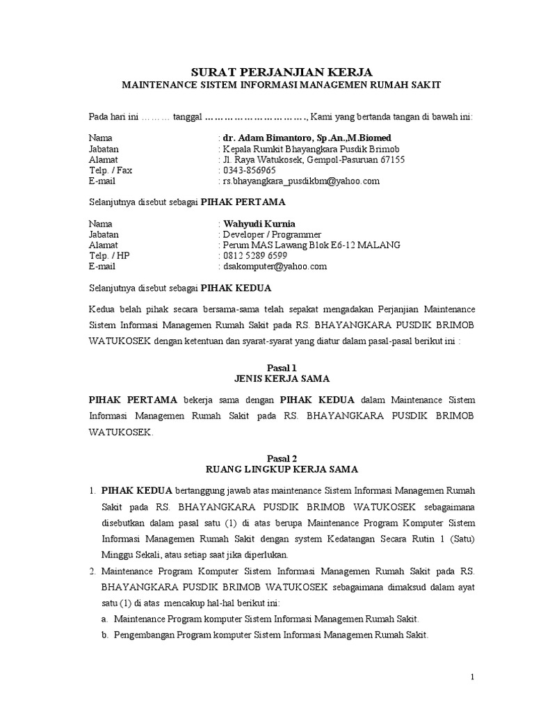 Perjanjian Maintenance SIM RS | PDF | Pengelolaan Keuangan & Uang | Hukum