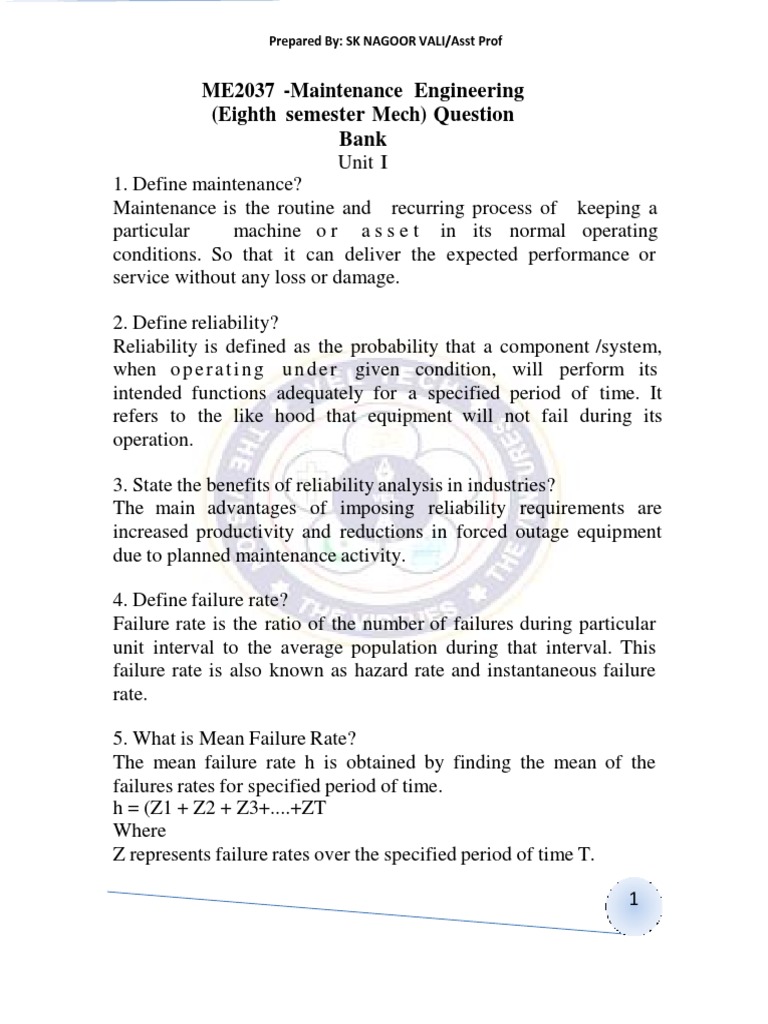 ME2037 - Maintenance Engineering (Eighth Semester Mech) Question Bank ...