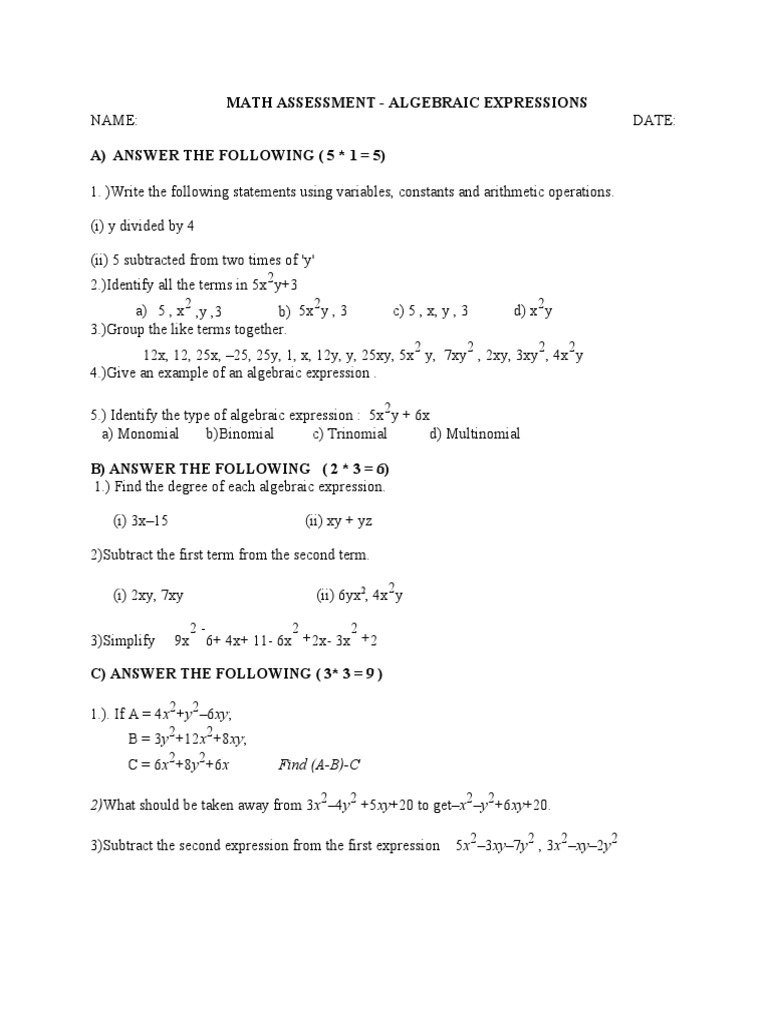 Math Assessment - Algebraic Expressions | PDF