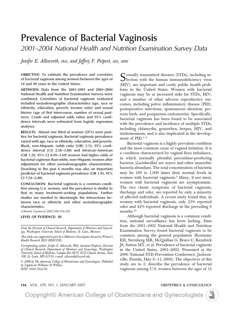 Prevalence of Bacterial Vaginosis: 2001-2004 National Health and ...