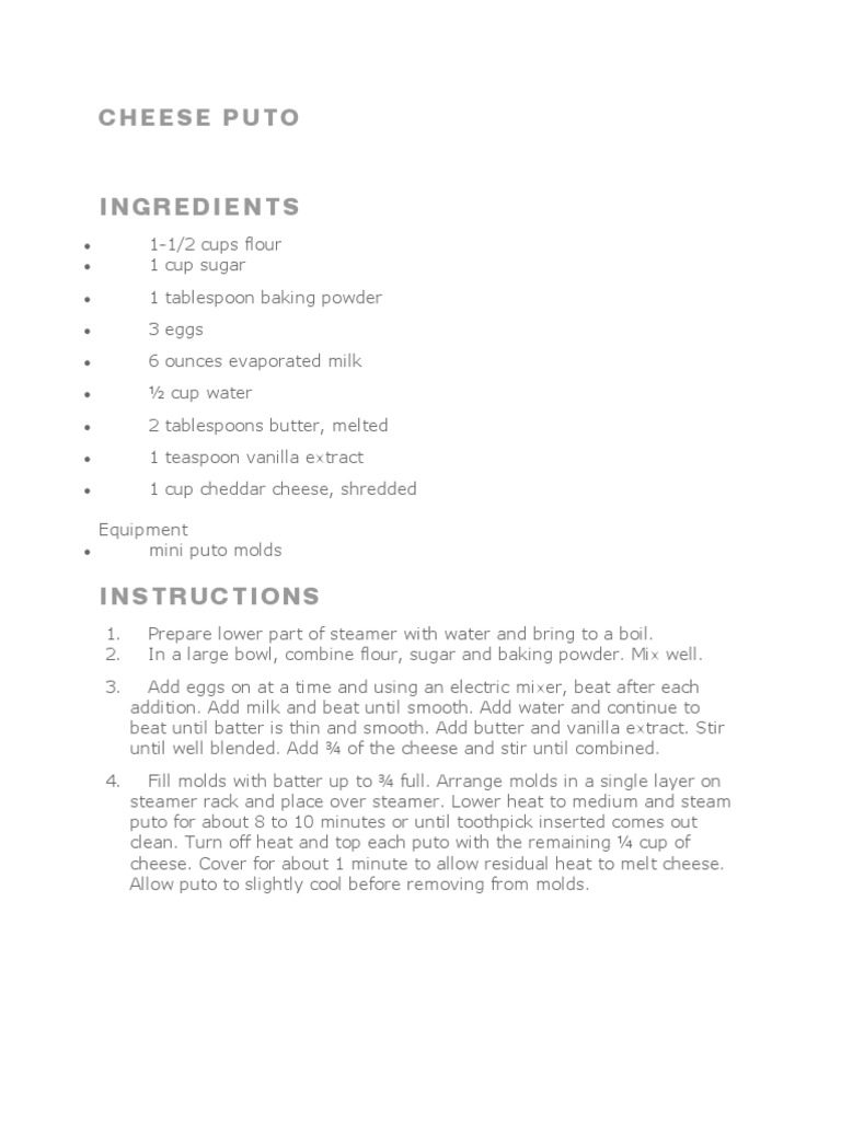Puto Cheese Recipe Ingredients | PDF