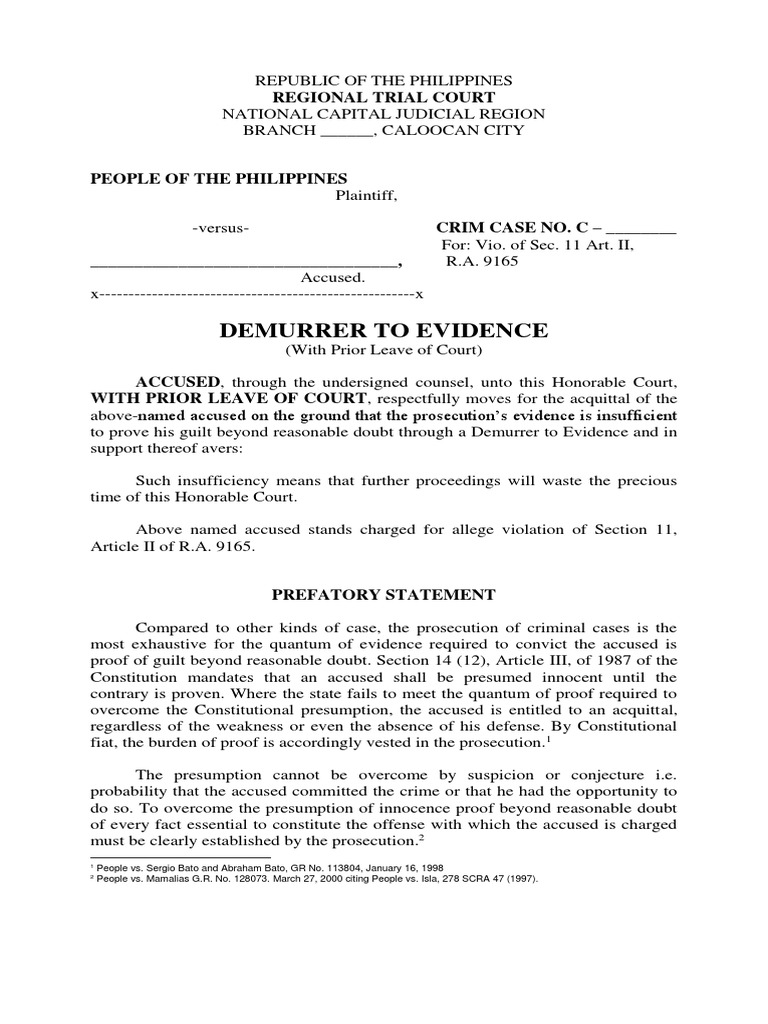 Demurrer To Evidence - RA9165-Sample | PDF | Presumption Of Innocence ...