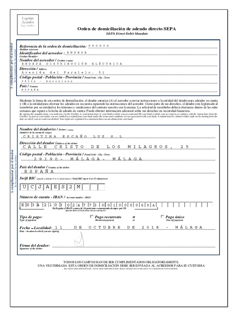 Domiciliacion Bancaria SEPA (Vacío) | Préstamos | Bancario | Prueba ...