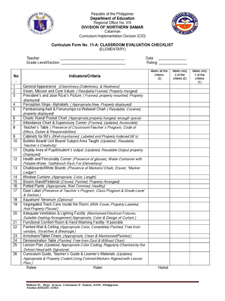 5 Classroom Evaluation Checklist | PDF | Curriculum | Classroom
