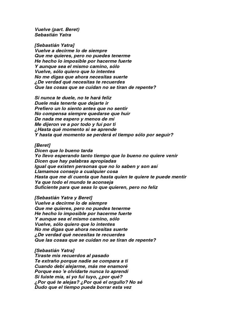 Vuelve: Letra de Sebastián Yatra y Beret | PDF