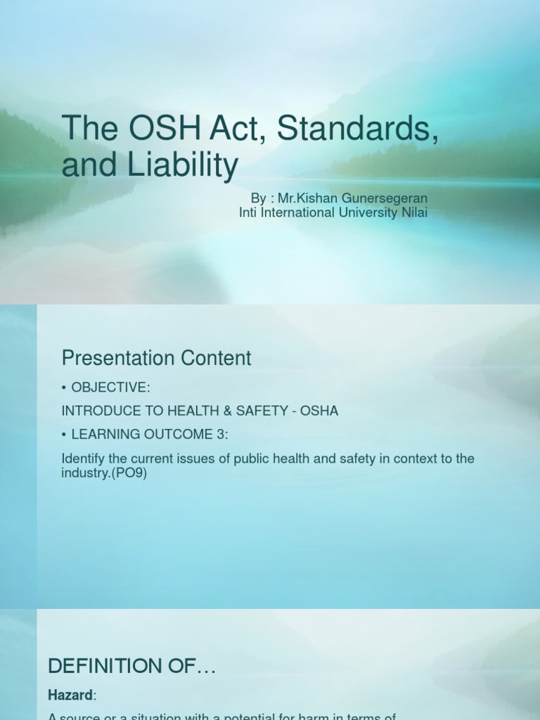 The OSH Act, Standards, and Liability STD Ver | PDF | Occupational ...