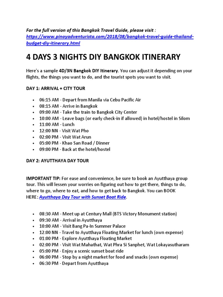 4 Days 3 Nights Diy Bangkok Itinerary Travel Guide | PDF | Bangkok | Services (Economics)