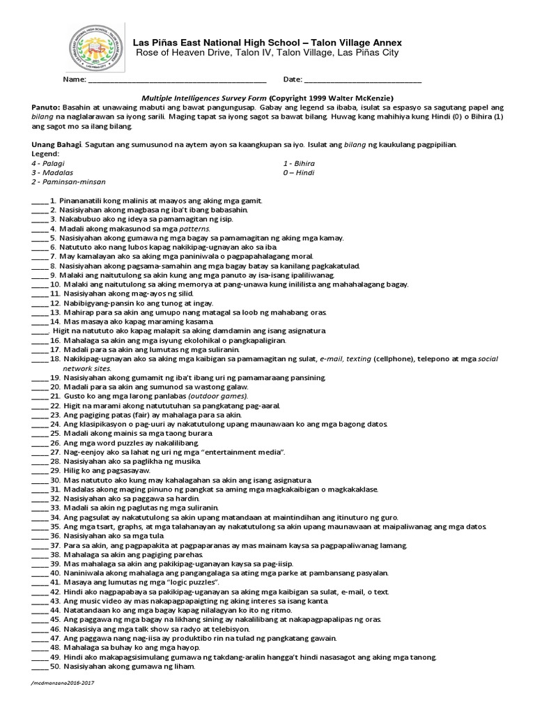 Multiple Intelligence Survey Form PDF | PDF
