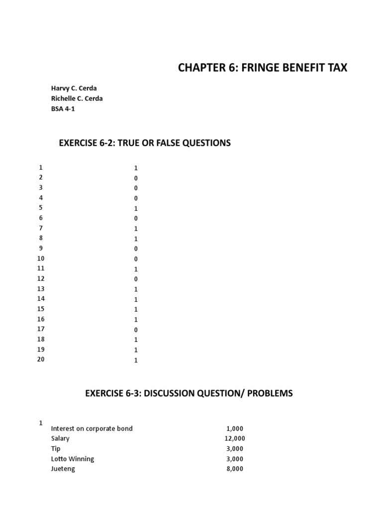 Chapter 6: Fringe Benefit Tax: Exercise 6-2: True or False Questions | PDF | Employee Benefits ...