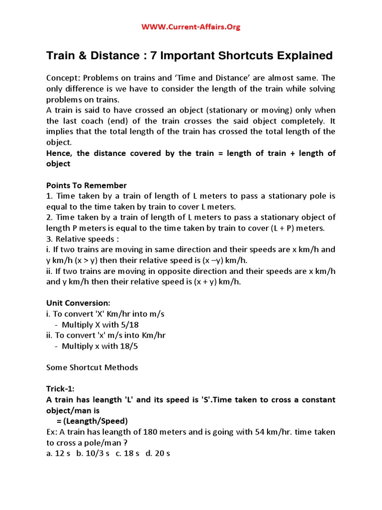 Train & Distance: 7 Important Shortcuts Explained | PDF | Speed | Metre