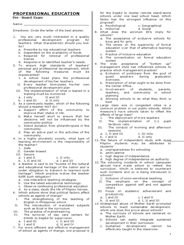 Professional Education: Pre - Board Exam | PDF | Id | Teachers