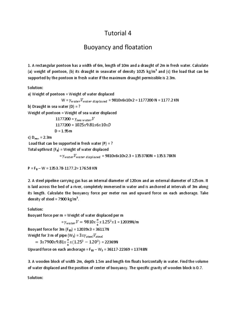 4 - Buoyancy and Floatation - Tutorial Solution PDF | PDF | Buoyancy ... 4 - Buoyancy and Floatation - Tutorial Solution PDF | PDF | Buoyancy ...