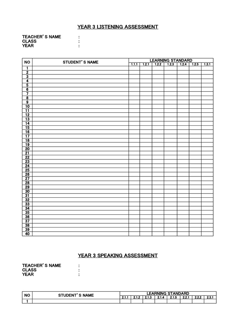 Year 3 Listening Assessment: Teacher'S Name: Class: Year | PDF ...