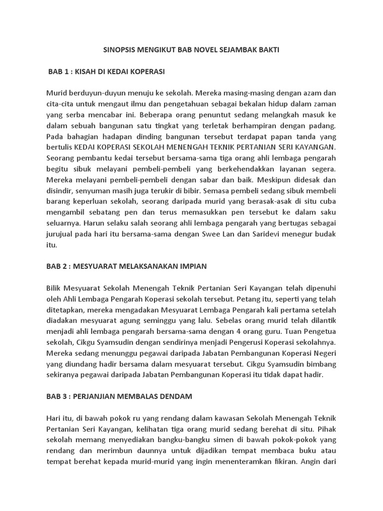 Sinopsis Mengikut Bab Novel Sejambak Bakti | PDF