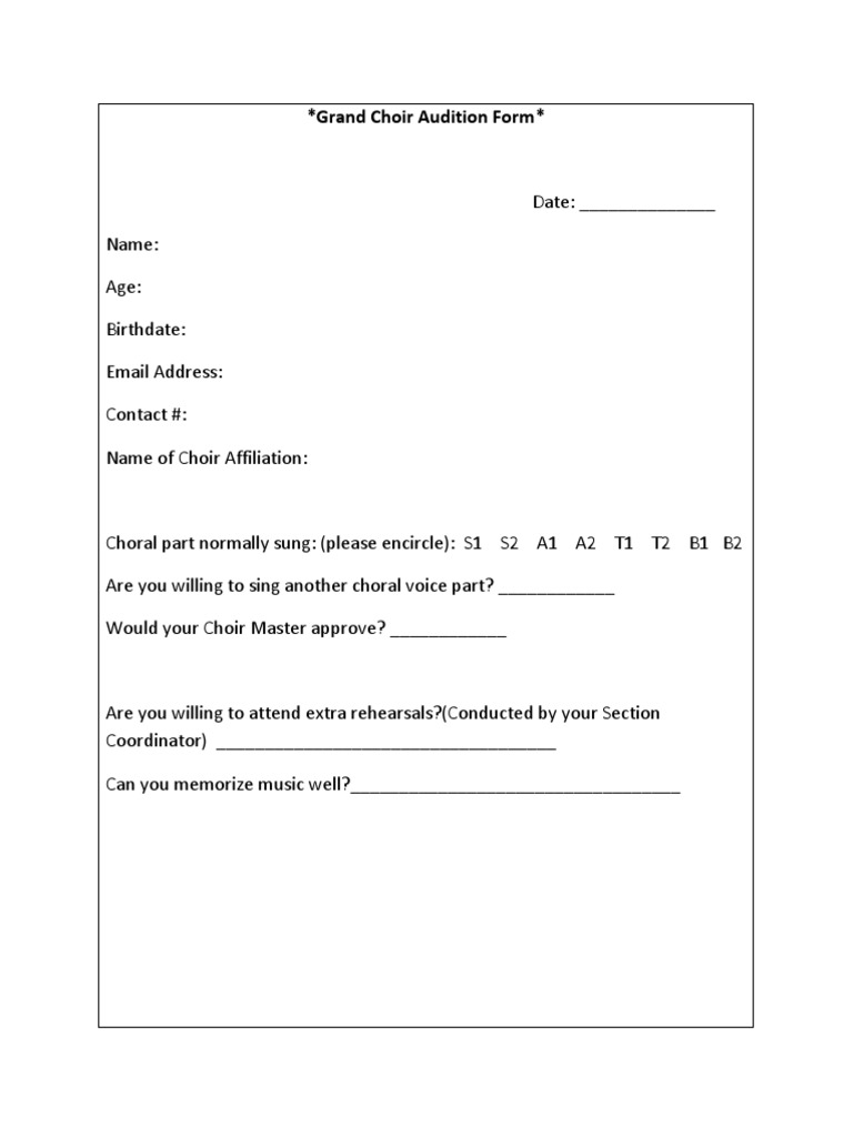 Grand Choir Audition Application Form | PDF