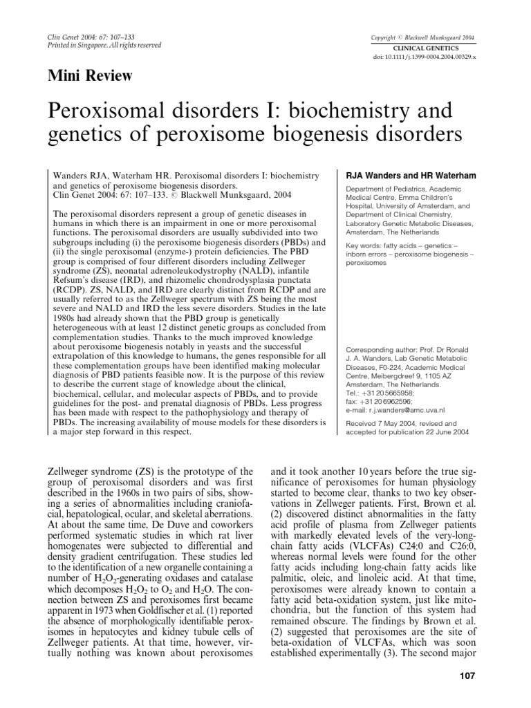 Peroxisomal Disorders I: Biochemistry and Genetics of Peroxisome ...