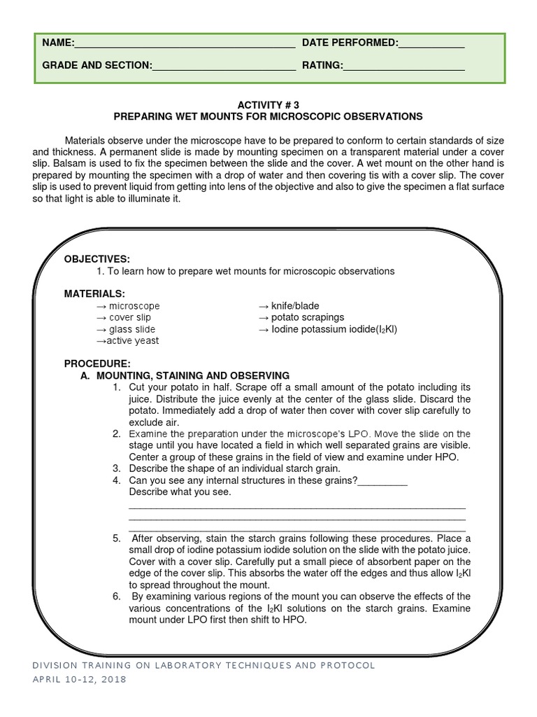 Activity #4 Preparing Wet Mounts For Microscopic Observations ...
