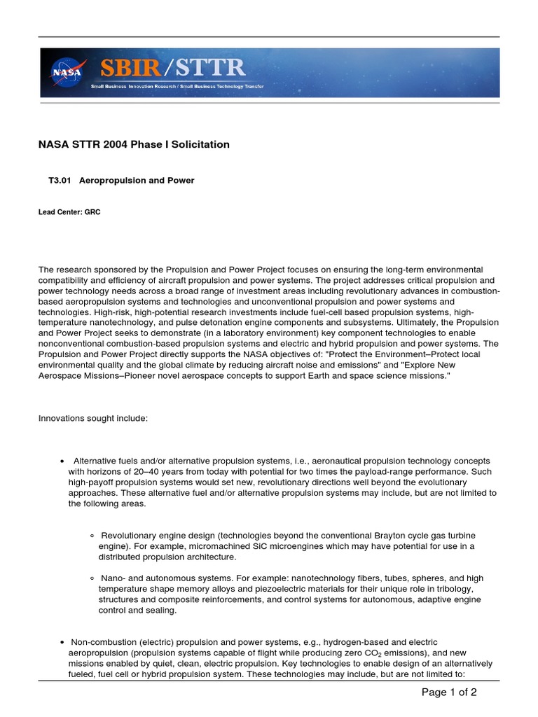 NASA SBIR & STTR Program Homepage - Aeropropulsion and Power - 2013-10-31 | PDF | Nasa | Marine ...