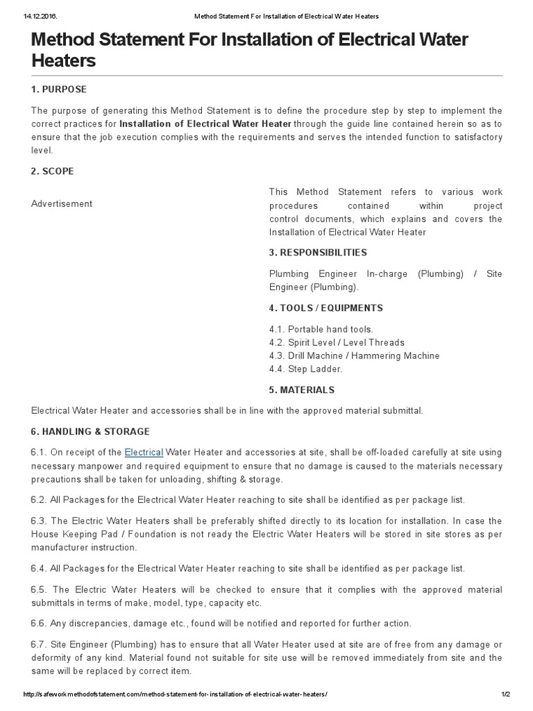 Method Statement For Installation of Electrical Water Heaters PDF | PDF ...