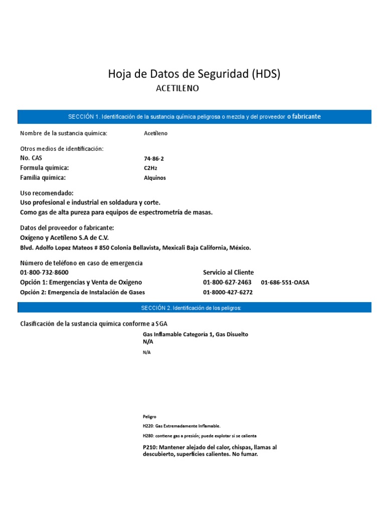 MSDS C2H2 | PDF | Oxígeno | Materiales