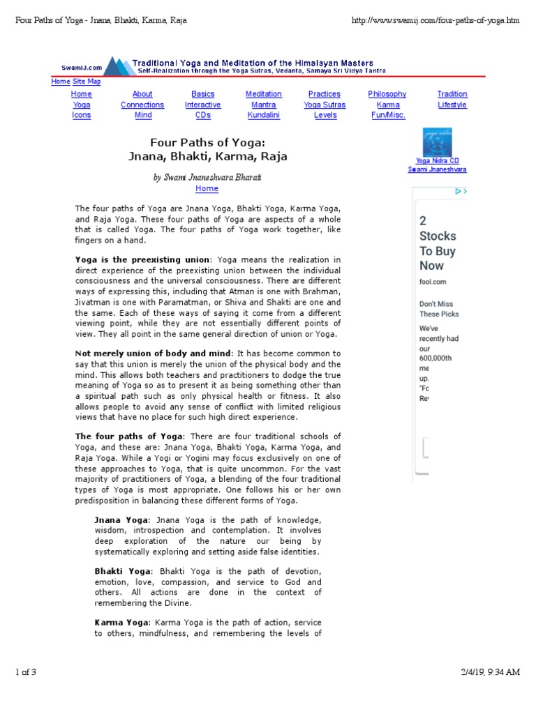 Four Paths Of Yoga Jnana Bhakti Karma Raja Pdf Yoga Bhakti