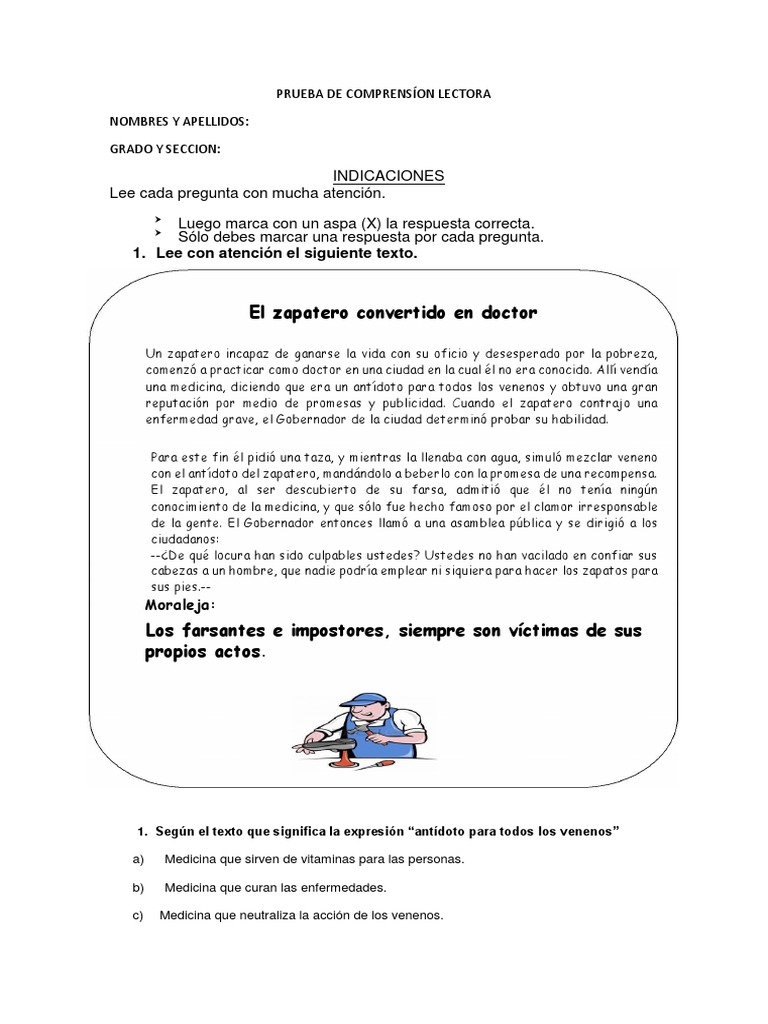 Prueba de Comprensíon Lectora | PDF | Bienestar | Medicina