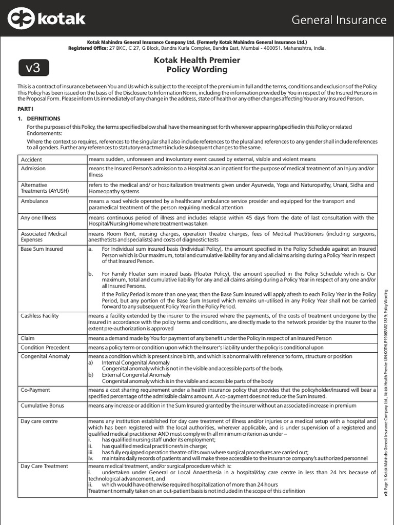 Kotak Health Premier Claim Form Part B | Download Free PDF | Intensive ...