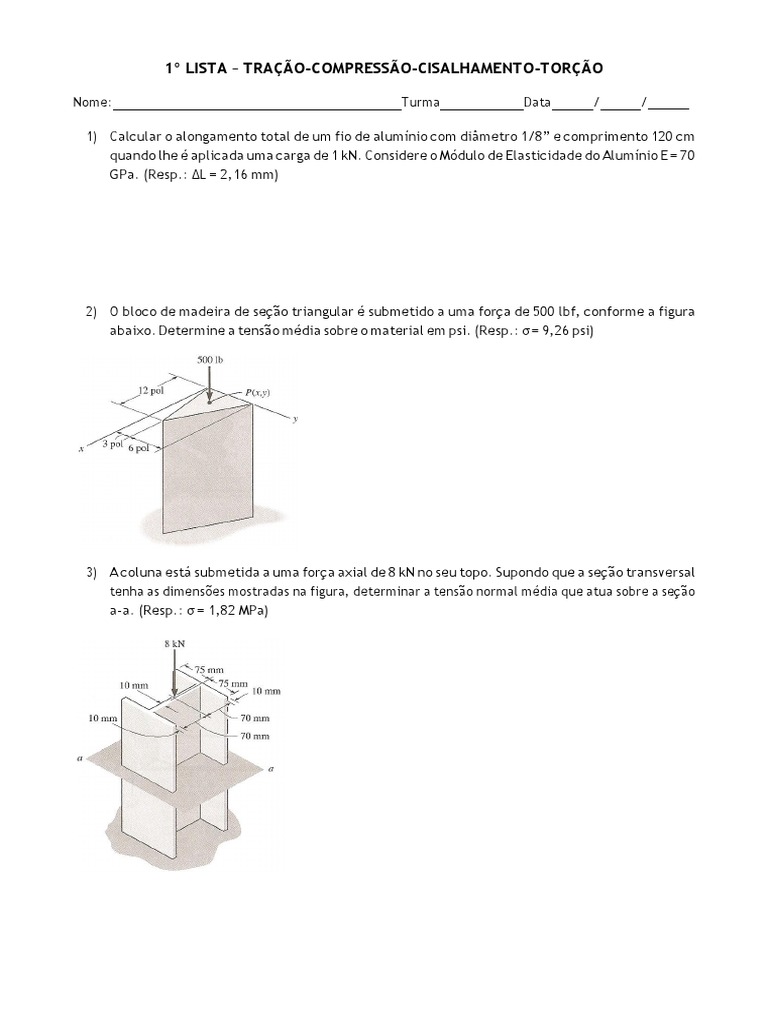 1º Lista - Alongamento-Tracao-Compressao-Cisalhamento-Torcao | PDF ...