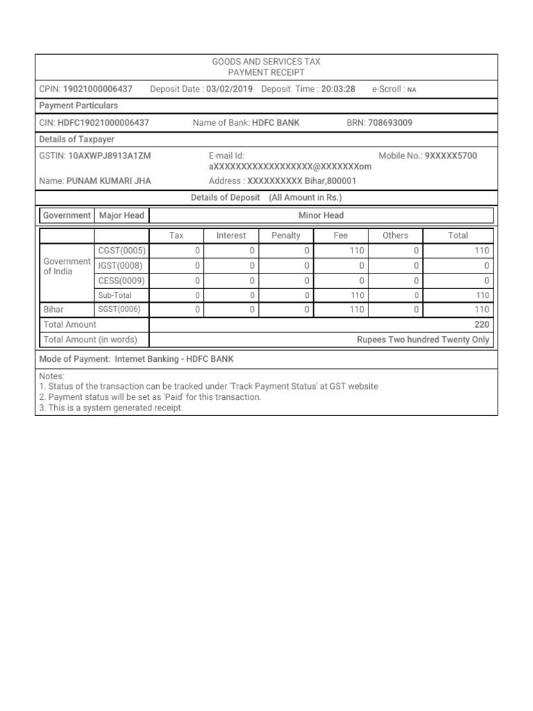 GST Payment Receipt for Goods and Services Tax Deposit of Rs. 220 by ...