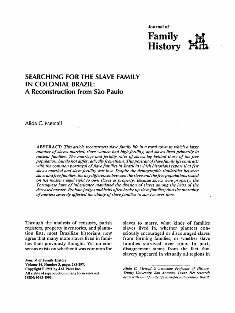 Alida Metcalf - Searching For The Slave Family in Colonial Brazil | PDF ...