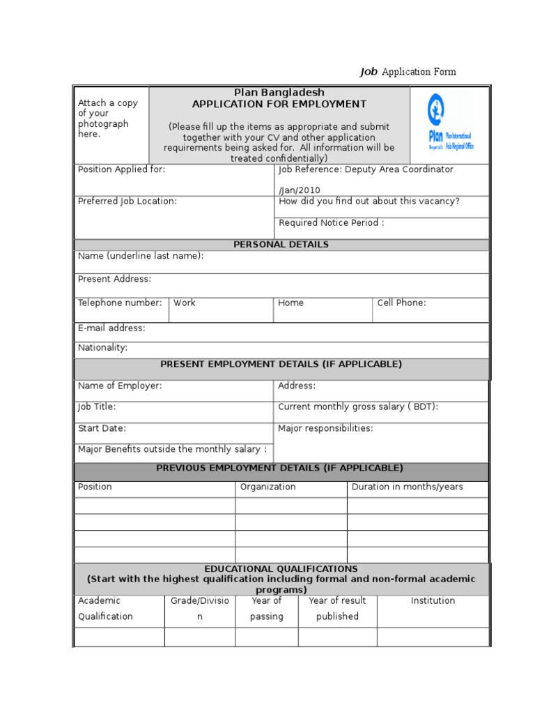 Plan Bangladesh Application For Employment | PDF | Business | Labour